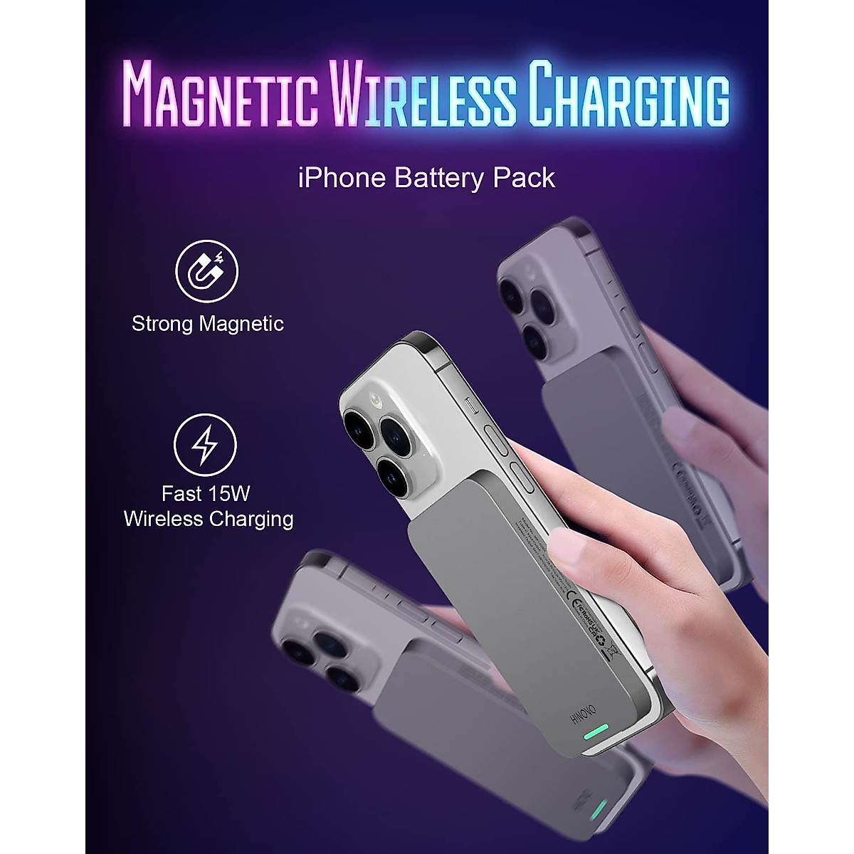 HINOVO 5000mAh Magnetic Wireless Power Bank, Transparent Portable Charger iPhone, Ultra Slim Battery Pack for Magsafe, Wireless Charger with 20W PD Fast Charge for iPhone 16/15/14/13/12 Series