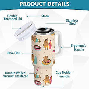 DIGTIA Stainless Steel Insulated Tumbler w/Handle & Straw, Capybara Swimming Ring Double Wall Vacuum Travel Coffee Mug Cup w/Lid, Leak-Proof Sports Summer Water Bottle,30oz