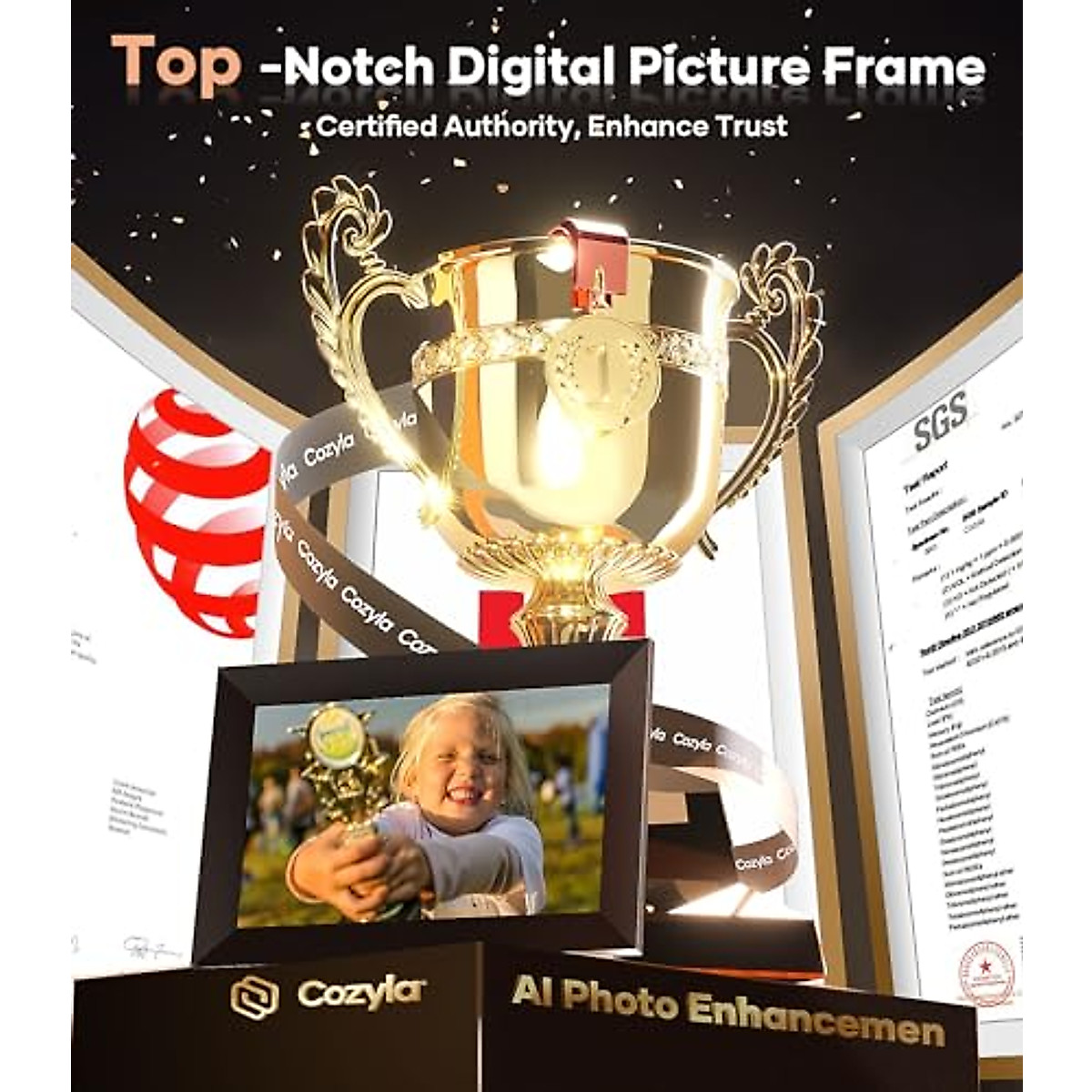 Cozyla Digital Picture Frame WiFi Free Unlimited Storage AI-Powered Send Pictures & Video via Google Photos Email Web Browser App Digital Photo Frame Electronic Picture Frame Slideshow 10.1 Inch Black