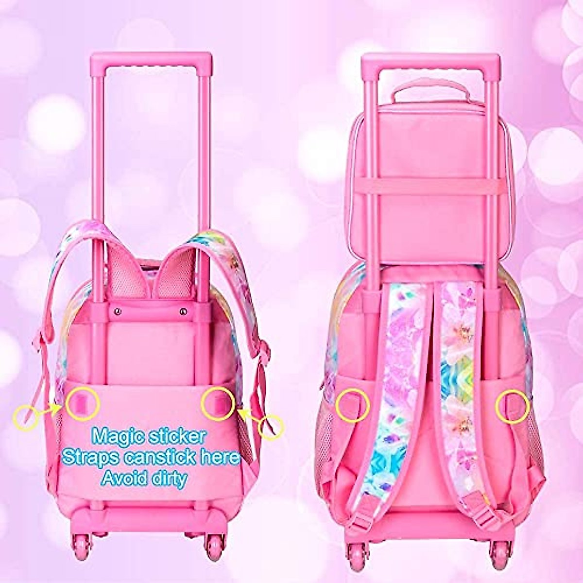 4PCS Rolling Backpack for Girls,Kids Unicorn Bookbag with Roller Wheels, Suitcase School Bag Set for Toddler Elementary