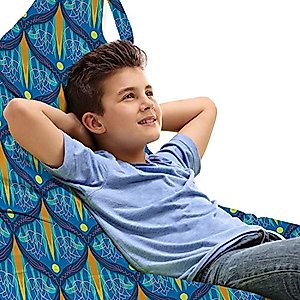Ambesonne Antique Oriental Lounger Chair Bag, Tulip Blossoms in Bohemian Curly Frames Retro Funky Effects, High Capacity Storage with Handle Container, Lounger Size, Violet Blue and Ginger