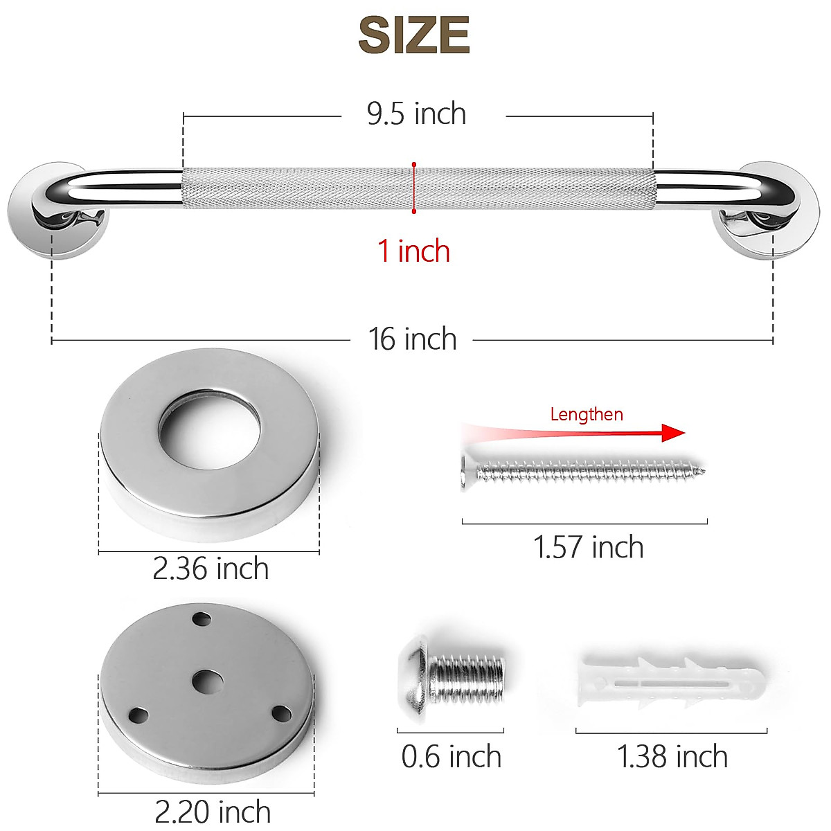 2 Pack Grab Bars for Elderly for Wall 16 Inch, Fit for Studs, Knurled Anti-Slip Bathroom Shower Grab Bars for Seniors, Safety Handicap Grab Bars for Shower, Shower Handles for Elderly, Tesuchan