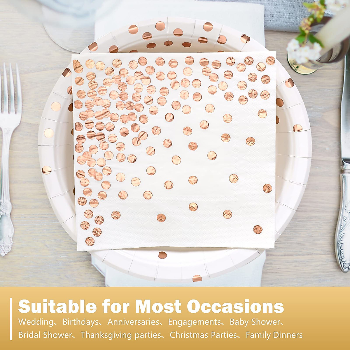 CENLBJ White and Rose Gold Paper Plates and Napkins-100 PCS-50 x 7''Dessert Plates & 50 x 6.5''Napkins,Gold Dots Paper Plates Party Supplies,for Birthday,Anniversary,All Occasions