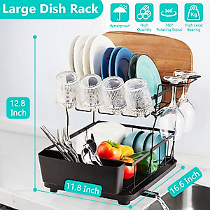 Naturous Large Dish Drying Rack Drainboard Set, Stainless Steel 2 Tier Dish Racks for Kitchen Counter, Detachable Dish Drainer with Utensils Holder, Cutting Board Holder,Cup Holders