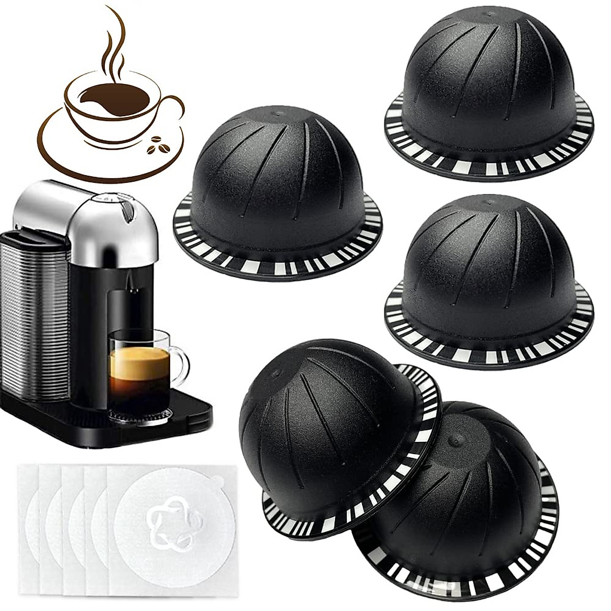 5pcs Reusable Coffee Pods for Nespresso VertuoLine, Refillable Coffee Capsules for Vertuo, Refill Coffee Pod for Nespresso Machine with 5pcs Aluminum Foil Lids (5pcs Black (230 ml))
