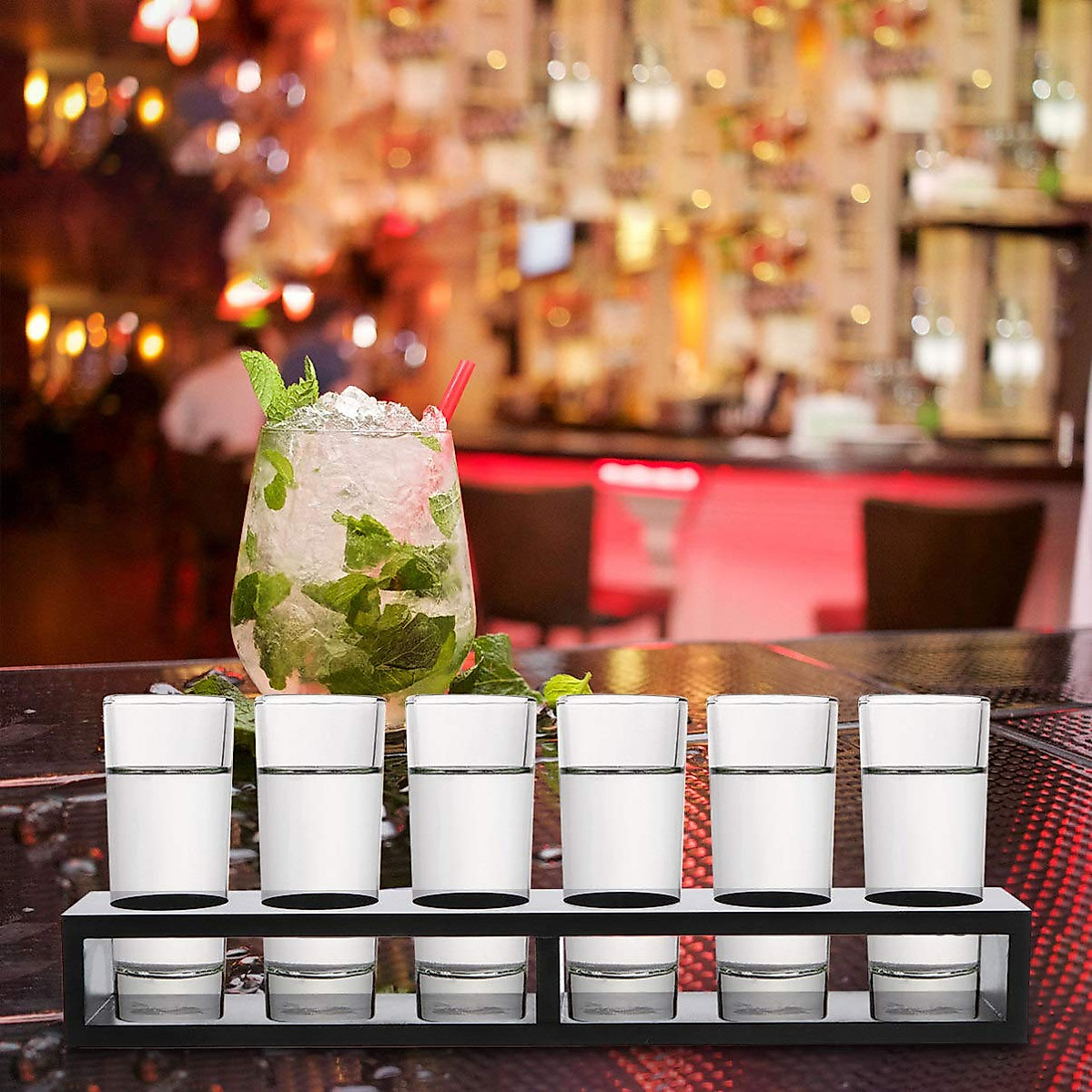 DOITOOL Black Shot Glass Holder Rack, Professional Wooden Holder for Tequila, 6 Thick Base Shot Serving Tray for Whiskey, Vodka, Tequila, Cocktail, Soju, Party, Bar, Nightclub