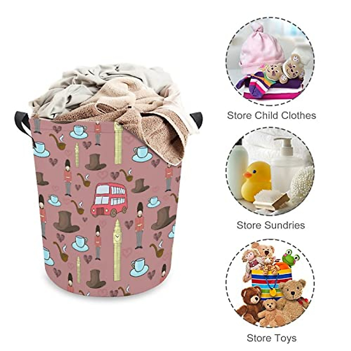United Kingdom Pattern Foldable Laundry Basket Waterproof Hamper Storage Bin Bag with Handle 16.5"x 16.5"x 17"
