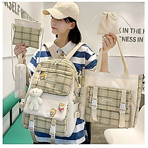 5Pcs Canvas Kawaii Backpack Combo Set with Cute Bear Pendant Pins Plaid Check Handle Shoulder Tote Daypack Bag Kit (Khaki)