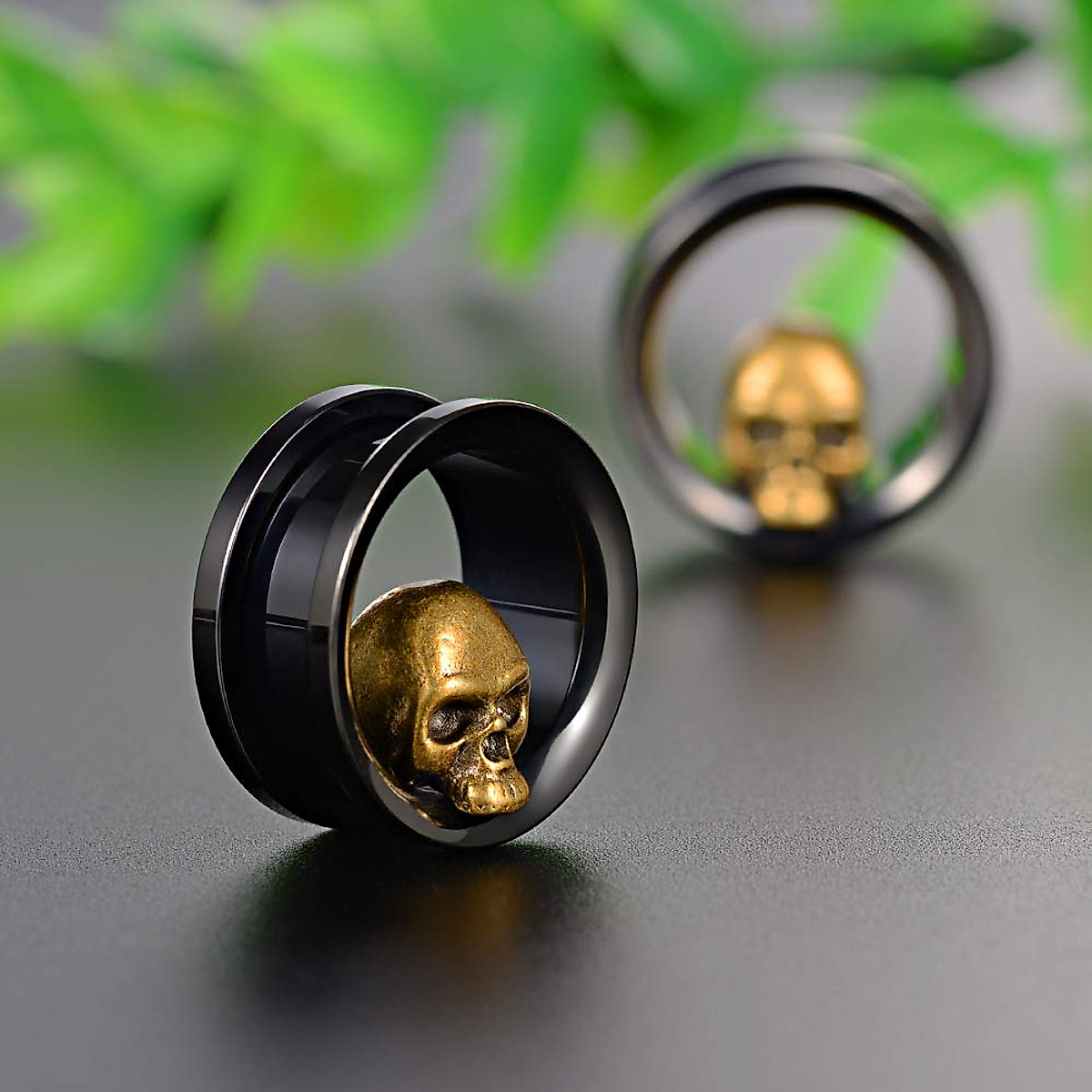 COOEAR 1 Pair Ear Gauges Piercing Black Ear Tunnels Skull Plugs Stainless Steel Screw Earrings.