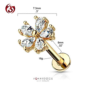 Forbidden Body Jewelry 16g 8mm Internally Threaded Cartilage, Tragus, Labret & Monroe Stud w/CZ Floral Top, 14k Gold Plated