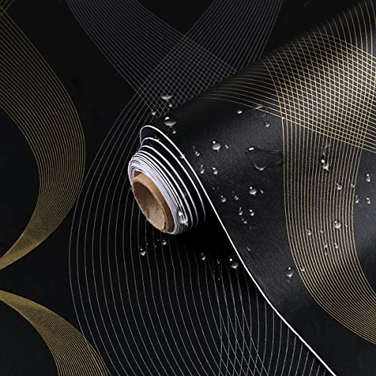 CHENGZHG 17.7" x 196" Peel and Stick Stripe Wallpaper Modern Black Contact Paper Black and Gold Removable Wave Wallpaper Self Adhesive Film for Cabinets Kitchen Bedroom Furniture