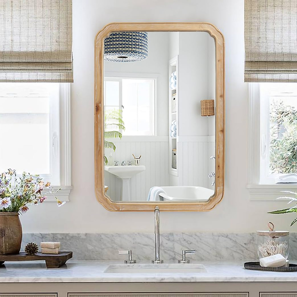 Wood Farmhouse Mirror, 24" x 36" Wall Mounted Ractangle Rustic Mirror for Foyer, Living Room, Bedroom, Bathroom