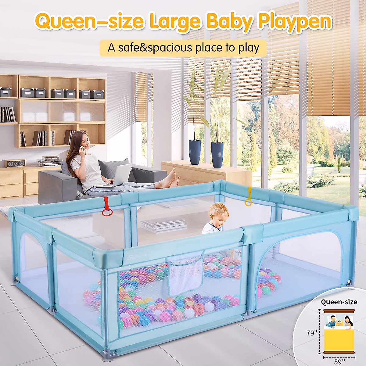 Baby Playpen Extra Large for Babies/Toddlers/Twins 79'' x 59'' Floor Baby Pen, Sailnovo Large Baby Play Pen Play Yard for Baby, Baby Fence Activity Center with Anti-Slip Sucker and Handler(Green)