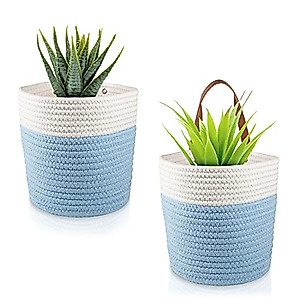 VASS Group 2-Pack 100% Cotton Rope Baskets with Leather Handles – 8”x 7” Sturdy Hanging Woven Wall Storage Bins for Home Decor Organizing – Blue