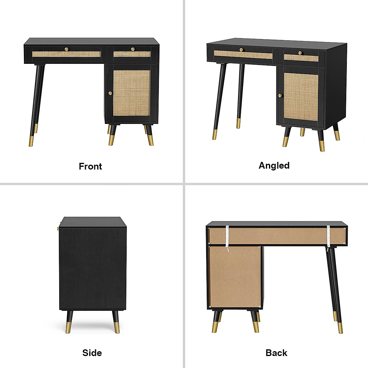 Anmytek Rattan Vanity Desk with Drawers and Storage, Black Makeup Vanity Table Modern Home Office Desk Computer Desk for Study D0005