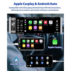 Single Din Car Stereo Compatible with Apple Carplay & Android Auto, Hikity 5.1 Inch Touchscreen Car Stereo Blueooth, Mirror Link, FM, Siri, SWC, USB/AUX/TF Input, Mic, Backup Camera
