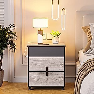 HNEBC Nightstand with Charging Station, Lift Top Table with 2 Outlets and 2 USB Ports, Bedside Table with 2 Drawers, End Table Night Stand with Hidden Storage, Side Table for Bedroom/Closet/Dorm,Wood