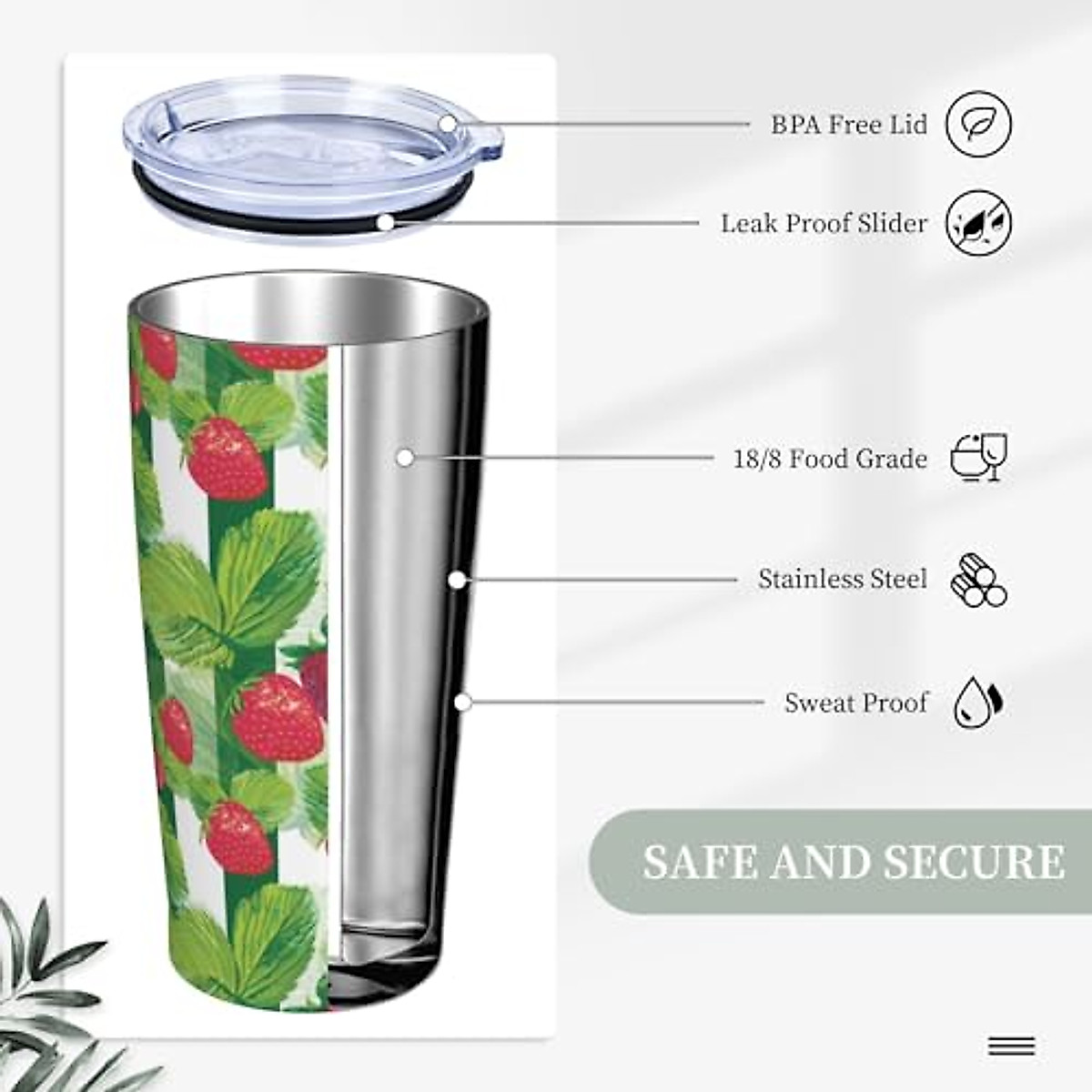 20oz Tumbler Watercolor Fruit Strawberry Double Wall Vacuum Insulated Coffee Mug with Lid and Metal Straw Brush Reusable Stainless Steel Water Bottle Travel Cup Gifts for Car Ice Drinks Hot Beverage