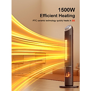 38'' Space Heater, Portable Electric Heater for Indoor Use, 1500W Ceramic Tower Heater with 3D Flame Effect, Adjustable Thermostat, 80° Oscillation, Safety Protection for Office Bedroom Home (Black)