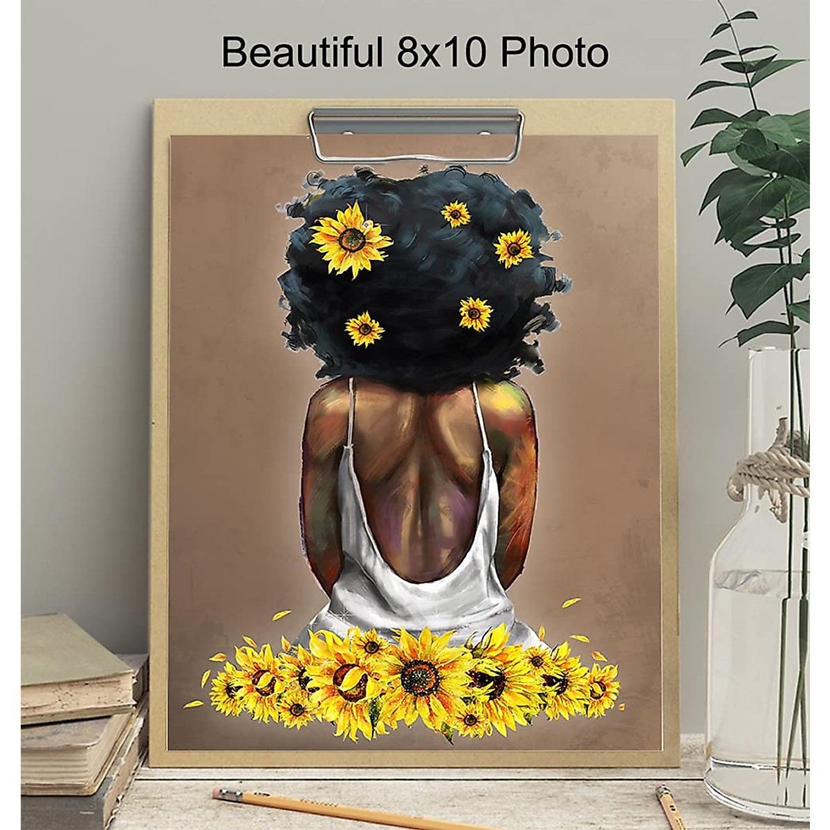 African American Wall Art - Black Wall Art - Sunflower Wall Decor For African American Woman, Girls - Black Girl Magic - Afro Girl - Black Art for Women - Melanin Queen - Black Pride - UNFRAMED 8x10