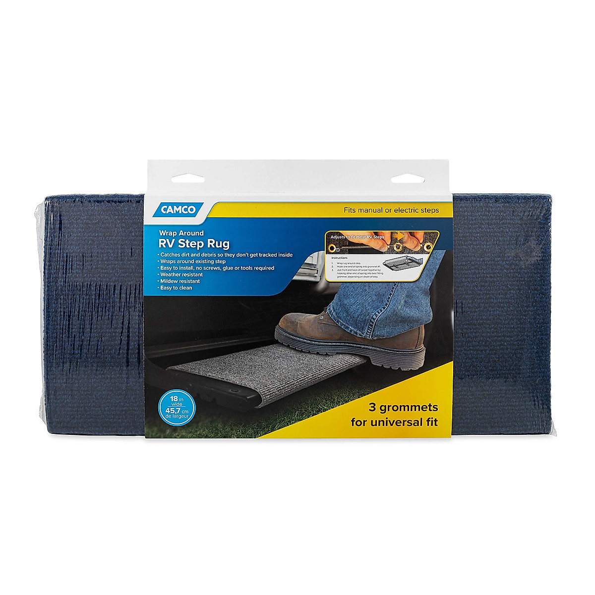 Camco Wrap Around Step Rug | Protects Your RV from Unwanted Tracked in Dirt | Works on Electrical and Manual RV Steps | Blue (42924)