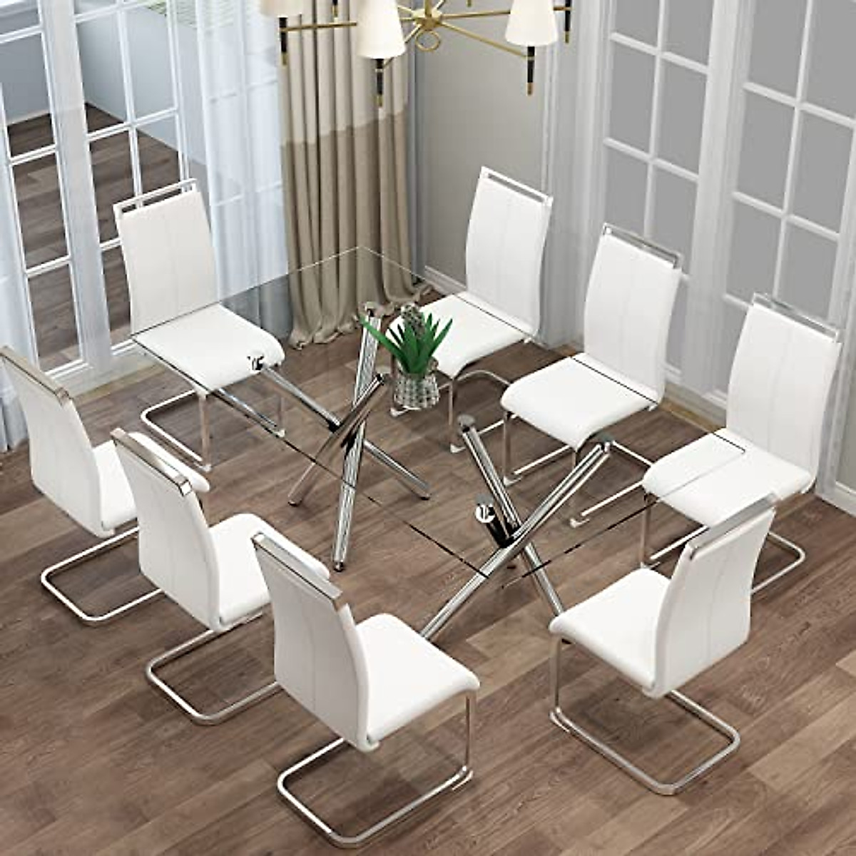 Baysitone 71inch Glass Dining Table Set for 8, Kitchen Table Set with Upholstered PU Leather Dining Chairs, Modern Tempered Glass Dinner Table Set with 8 Metal Frame Chairs, White