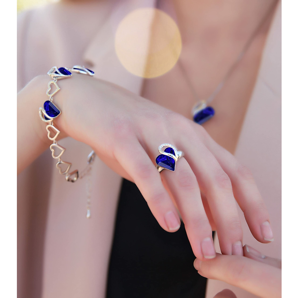 Leafael Infinity Love Women's Adjustable Heart Ring with Sapphire Blue Birthstone Crystal for September, Healing Stone for Wisdom, Jewelry Gifts for Women, Silver-Tone, Open End, Size 6.5-12