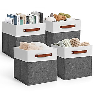 11x11 Cube Storage Bins Pack of 4, Foldable Fabric Cube Baskets with Leather Handles for Organizing Closet, Decorative Cube Storage Bins for Shelves, White/Grey