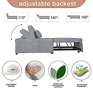 Velvet Convertible Sofa Bed, 4 in 1 Multi-Function Folding Ottoman Lounge Chair, Modern Sleeper Bed Couch Guest Bed with Adjustable Backrest and Pillow for Living Room Small Room Apartment (Gray)