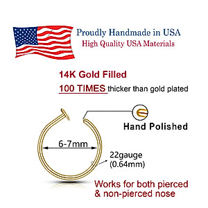 14k Gold Nose Rings Hoops for Women, 22 Gauge 6mm - 7mm Adjustable Nose Piercing Jewelry, Small Thin Gold Filled Snug Nose Hoop Ring 22G