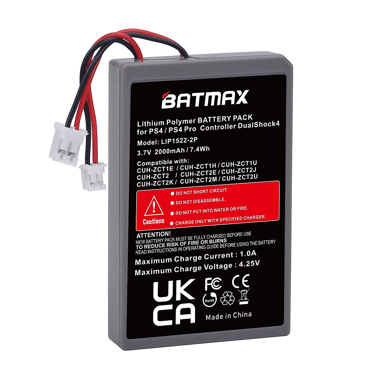 Batmax 2 Packs 2000mAh LIP1522 Battery for Sony Playstation 4 PS4 Slim Pro Dualshock 4 CUH-ZCT2 CUH-ZCT2U CUH-ZCT1E CUH-ZCT1H CUH-ZCT1U Wireless Controller (Big and Small Plug)