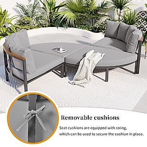 Merax Round Outdoor Daybed with Removable Cushions, All Weather Metal Conversation Sectional Sofa & Separate Seatings, 4 Piece Patio Furniture Set for Lawn Garden Backyard Porch Pool, Grey