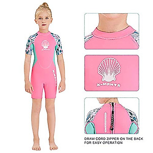 Wetsuit Kids Shorty Neoprene Thermal Diving Swimsuit 2.5MM for Girls Boys Child Teen Youth Toddler, One Piece Children Rash Guard Swimming Suit UV Protection Sunsuit for Surfing (Girl Pink, M)