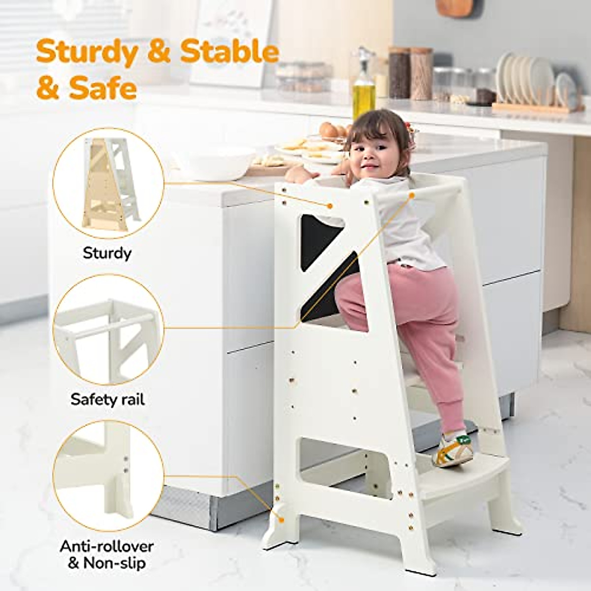 Toddler Kitchen Stool Helper - Toddler Tower with Message Boards & Safty Rail, Adjustable Height Kids Kitchen Step Stool, Chalkboard and Whiteboard, Anti-Slip Protection,Wooden Toddler counter (White)