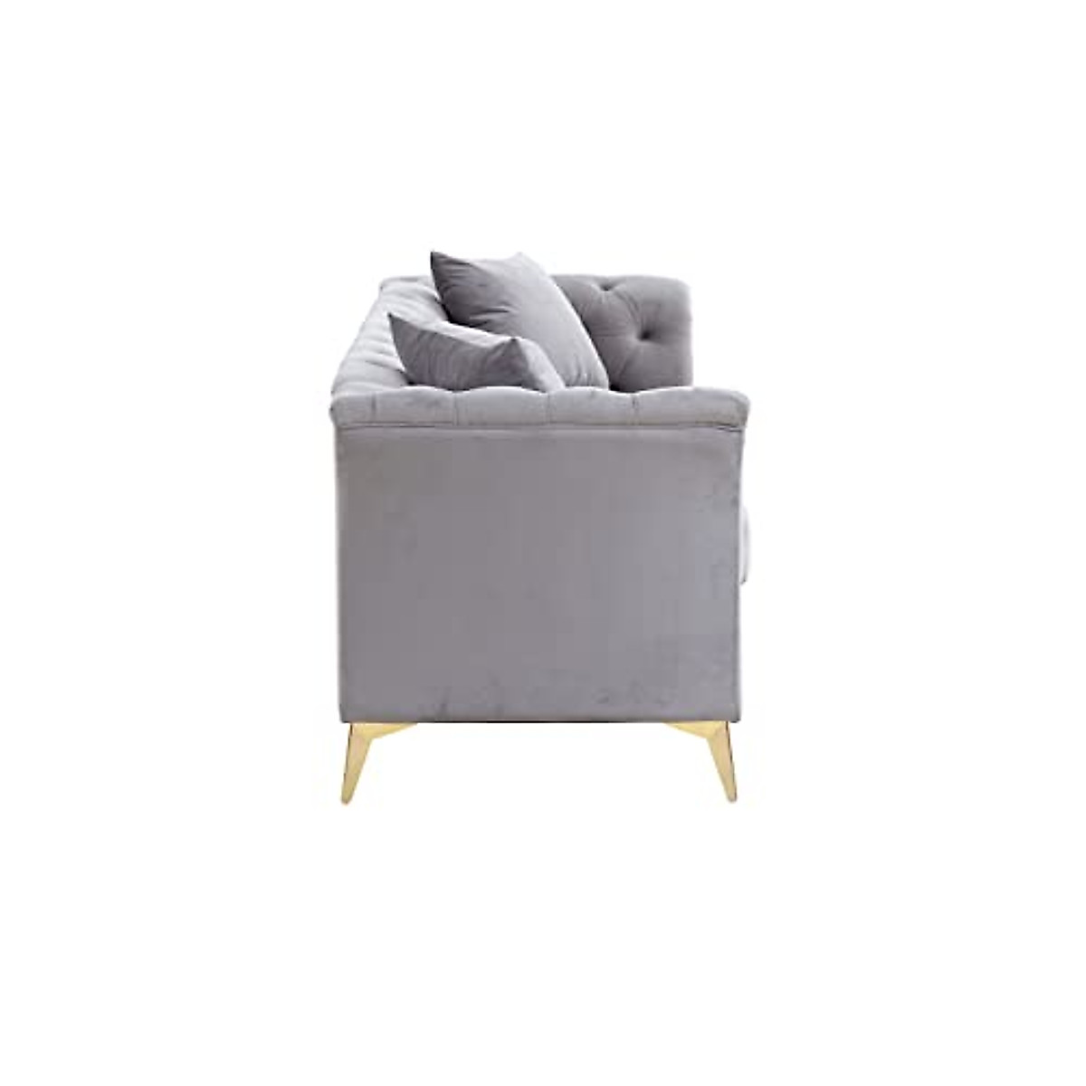 RUNWON 3 Seater 84.6'' Modern Chesterfield Curved Sectional Sofa Tufted Velvet 3 Seat Couch Button Tufed with Scroll Arms and Gold Metal Legs for Small Space Apartment Living Room, Grey