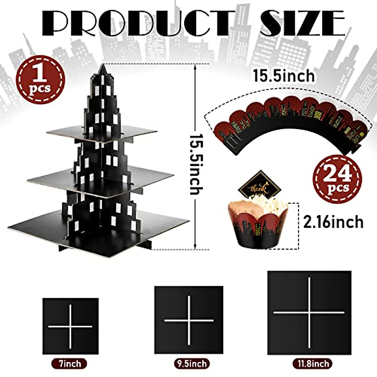 City Skyscraper Cupcake Stand 3 Tier with 24 Pcs Building Party Cupcake Wrappers Cardboard Cupcake Tower Black Skyscraper Dessert Stands for Birthday Table Decor Christmas Party Favor