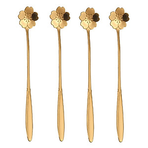 16 Pieces Flower Spoon Coffee Teaspoon 7 Inch Stainless Steel Long Handle Spoon Stir Bar Spoon Stirring Spoon Ice Cream Spoon Gold Sakura Shaped