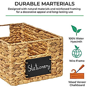 BARIEN 6 Pcs 12" x 9" x 6" Natural Water Hyacinth Storage Baskets, Rectangular Wicker Basket with Built-in Handles, Woven Cube Storage Bin with Chalkboard Label Chalk Marker (Natural - Set of 6)