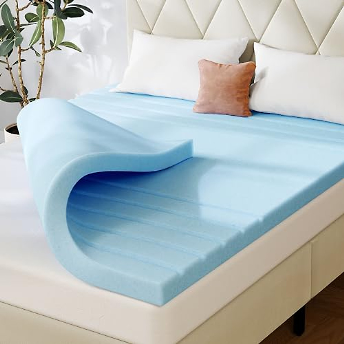 DWVO Basic 2 Inch Queen Cooling Gel-Infused Memory Foam Mattress Topper, 3-Zone Ventilated Design Bed Topper Revitalizes Old Mattress Comfort for Back Pain, RV Outdoor Camping, CertiPUR-US, Blue
