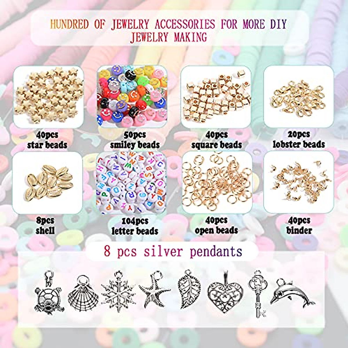 Dulzod 4800Pcs Clay Beads for Jewelry Making Bracelet Kit,Flat Round Polymer Heishi Clay Beads with Pendant and Jump Rings Smiley Letter Beads for Bracelets Necklace Earring DIY Craft-24 Colors 6mm