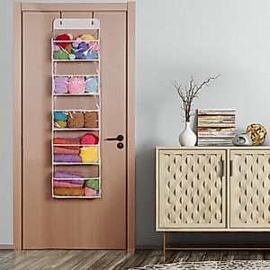 Univivi Door Hanging Yarn Storage Organizer, Knitting and Crochet Organizer Yarn Ball Storage with 5 Clear Plastic Pockets & 2 Big Metal Hooks for Knitting Needles, Crochet Hooks, Yarn Balls