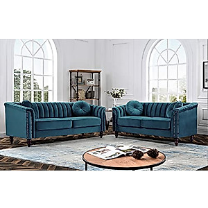 Container Furniture Direct Tufted Velvet Sofa with Removable Cushions and Turned Wood Legs, Elegant Living Room Furniture for The Modern Home, 75.2 Inch Couch, Blue Green