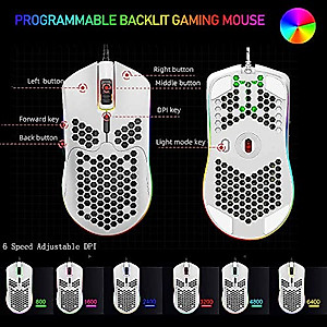 60% True Mechanical Gaming Keyboard Mouse Set, Type C Wired 61 Keys Layout Rainbow LED Backlit USB Waterproof Keyboard Anti-ghosting Keys+Lightweight RGB Mice 6400DPI for Computer/PC/Laptop/MAC(White)