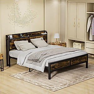 AnikSunny Queen Size Bed Frame - Metal Platform Bed Frame with Wood Storage Headboard Charging Station,Heavy Duty Bedframe, No Box Spring Needed,Solid and Easy Assembly,Rustic Brown