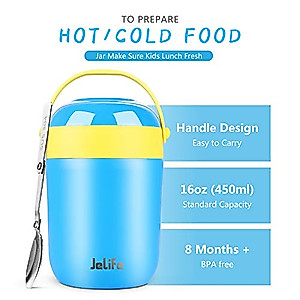 Jelife Thermos for Hot Food Container - 16oz Lunch Soup Thermos Insulated Food Jar, Bento Lunch Box Stainless Steel Food Funtainer with Spoon for Back to School Camping Vacuum Leak-Proof, Blue