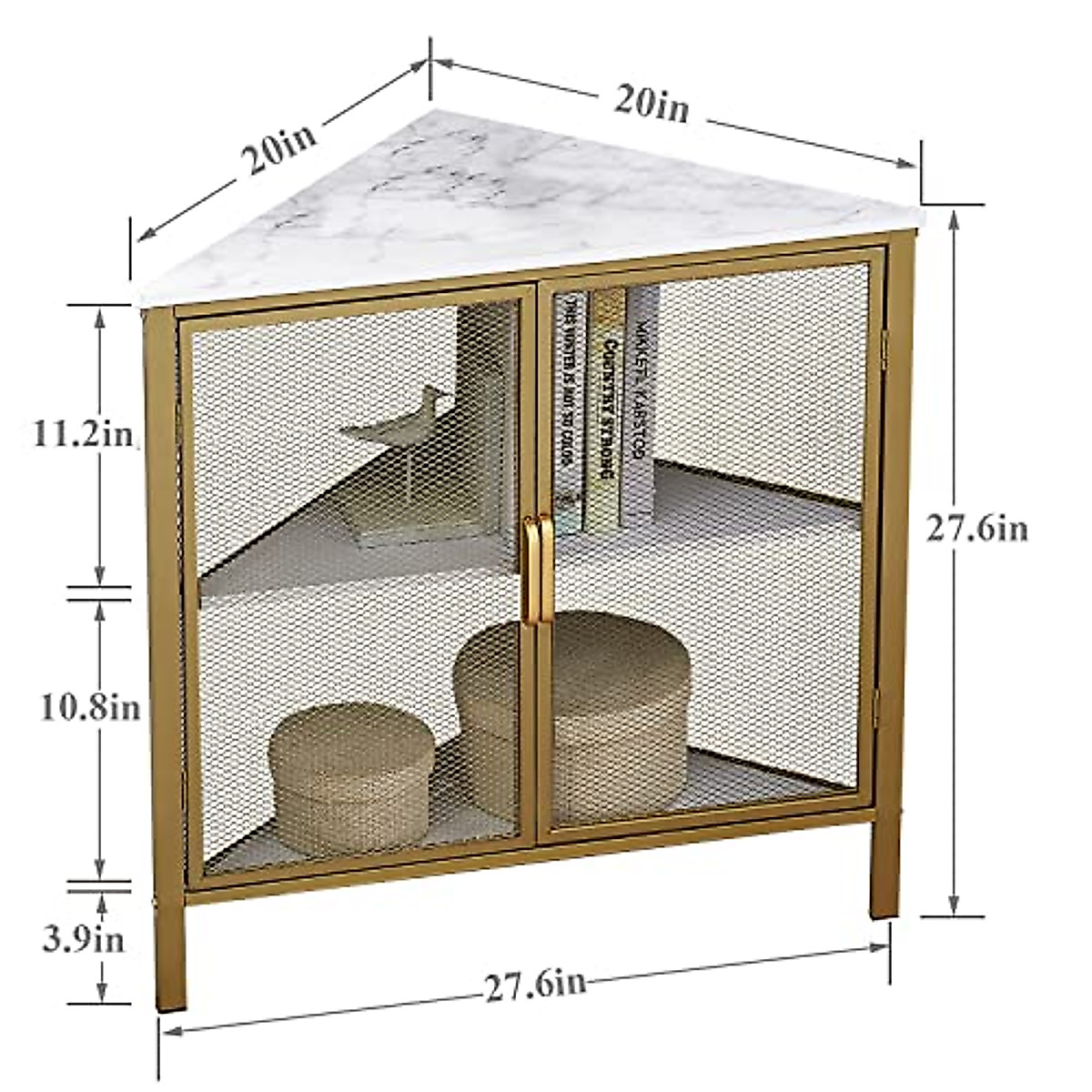 VECELO Corner Cabinet Table with 3-Tier Shelf, Freestanding Storage Organizer for Small Space in Living Room/Bedroom/Kitchen, Two Doors, Gold