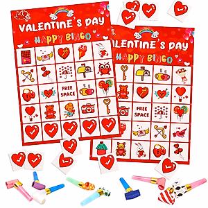Valentine’s Day Bingo Game for Kids, Bingo Cards with 32 Players & 10 Pcs Party Blowers for Valentine Party Games, Valentine Crafts School Classroom Party Favor Activities,Holiday Party Craft Supplies