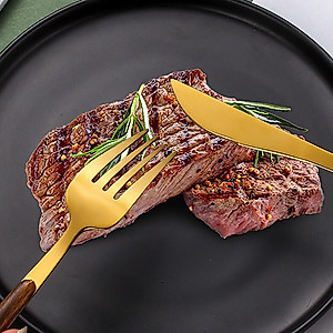 Aimilan 20 Piece Gold Silverware Set for 4, Imitation Wooden Handle Flatware Cutlery Set for Home Kitchen Restaurant, Mirror Finish, Dishwasher Safe (20-Piece for 4)