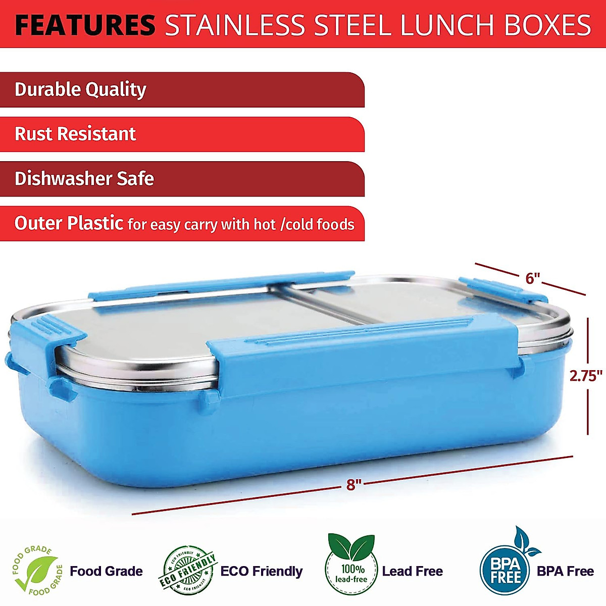 Signoraware Stainless Steel Bento Box For Men, Blue, 34 Oz, Leakproof Between 2 Compartments, Portion Control, Easy To Carry