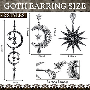 2 Pairs Goth Earrings Moon Drop Earrings Sun Star Earring Rhinestone Punk Earrings Vintage Long Drop Dangle Stud for Women(Black)